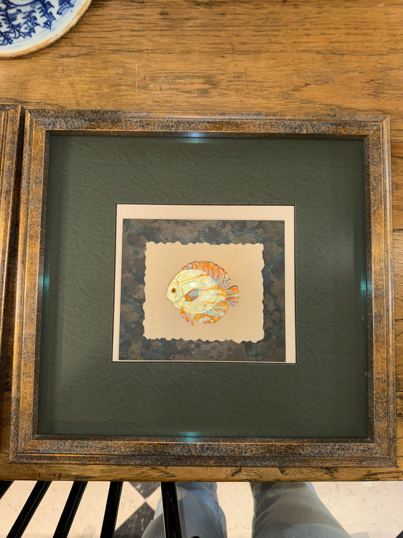 (15" x 16") Signed Mixed Media Painting of Discus Fish in Bronze Frame ...